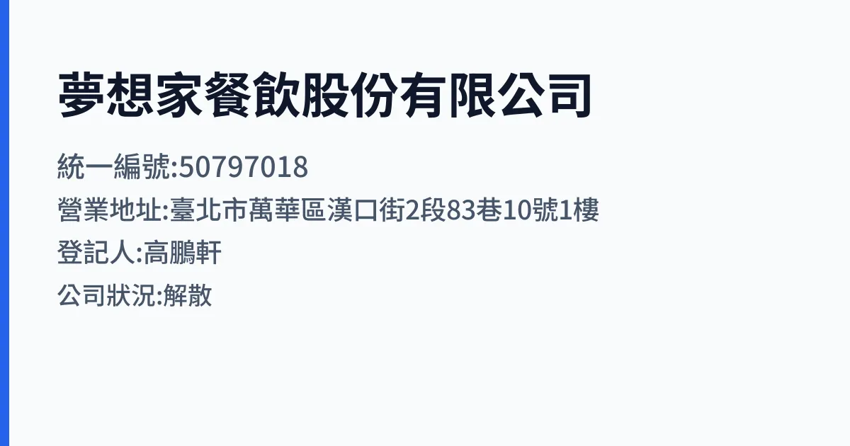 夢想家餐飲股份有限公司 - 統編 50797018(臺北市) 公司登記資料與營業項目詳細圖表