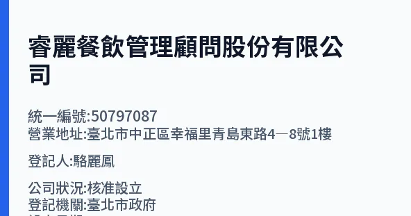 睿麗餐飲管理顧問股份有限公司的照片-統編 50797087(臺北市) 公司登記資料與營業項目詳細圖表