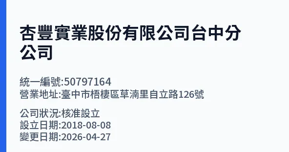 杏豐實業股份有限公司台中分公司的照片-統編 50797164(臺中市) 公司登記資料與營業項目詳細圖表