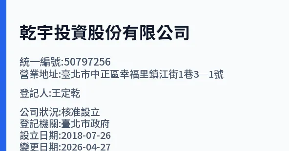 乾宇投資股份有限公司的照片-統編 50797256(臺北市) 公司登記資料與營業項目詳細圖表