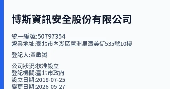 博斯資訊安全股份有限公司的照片-統編 50797354(臺北市) 公司登記資料與營業項目詳細圖表
