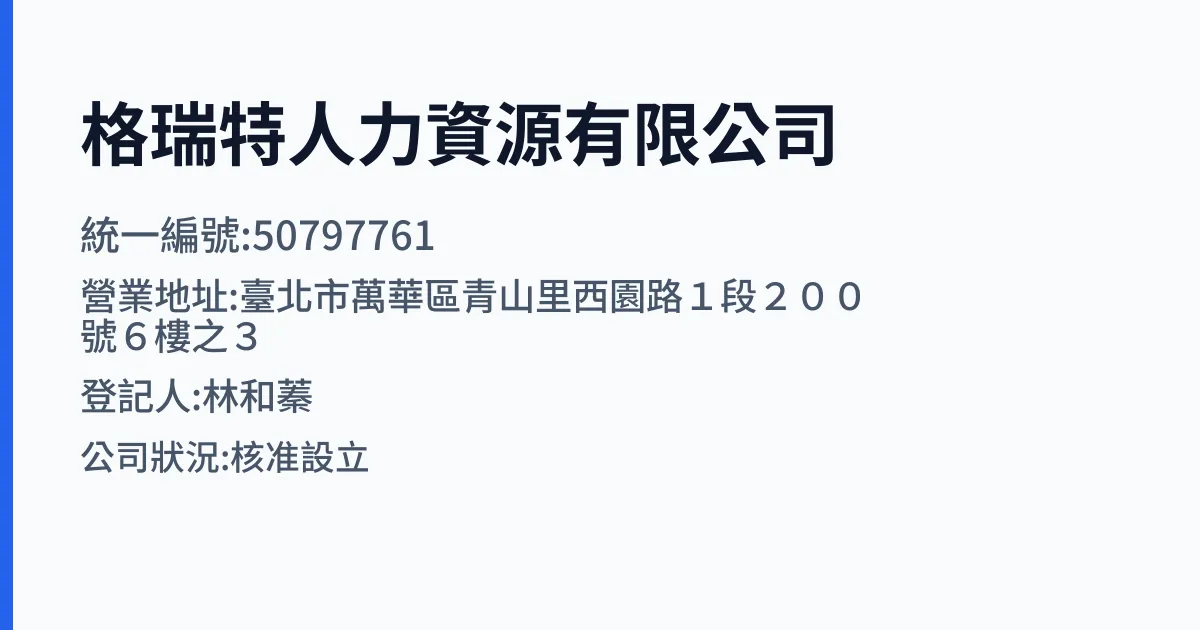 格瑞特人力資源有限公司 - 統編 50797761(臺北市) 公司登記資料與營業項目詳細圖表