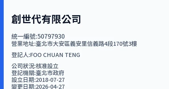 創世代有限公司的照片-統編 50797930(臺北市) 公司登記資料與營業項目詳細圖表