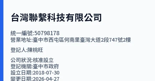 台灣聯繫科技有限公司的照片-統編 50798178(臺中市) 公司登記資料與營業項目詳細圖表