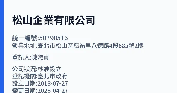 松山企業有限公司的照片-統編 50798516(臺北市) 公司登記資料與營業項目詳細圖表