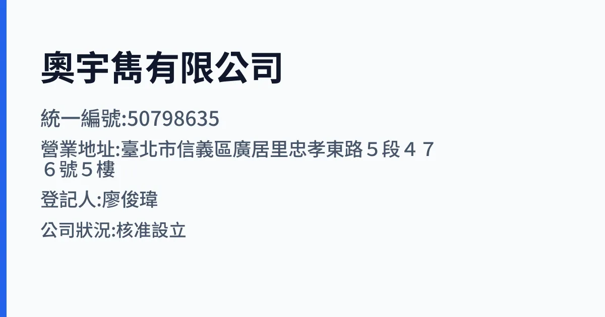 奧宇雋有限公司 - 統編 50798635(臺北市) 公司登記資料與營業項目詳細圖表