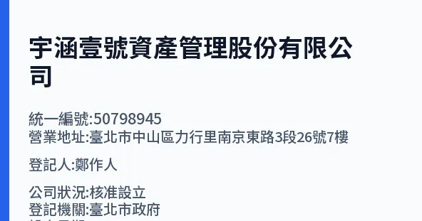 宇涵壹號資產管理股份有限公司的照片-統編 50798945(臺北市) 公司登記資料與營業項目詳細圖表