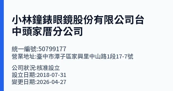 小林鐘錶眼鏡股份有限公司台中頭家厝分公司的照片-統編 50799177(臺中市) 公司登記資料與營業項目詳細圖表