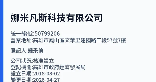 娜米凡斯科技有限公司的照片-統編 50799206(高雄市) 公司登記資料與營業項目詳細圖表