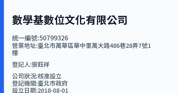 數學基數位文化有限公司的照片-統編 50799326(臺北市) 公司登記資料與營業項目詳細圖表