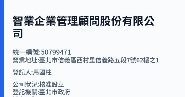 智業企業管理顧問股份有限公司的照片-統編 50799471(臺北市) 公司登記資料與營業項目詳細圖表