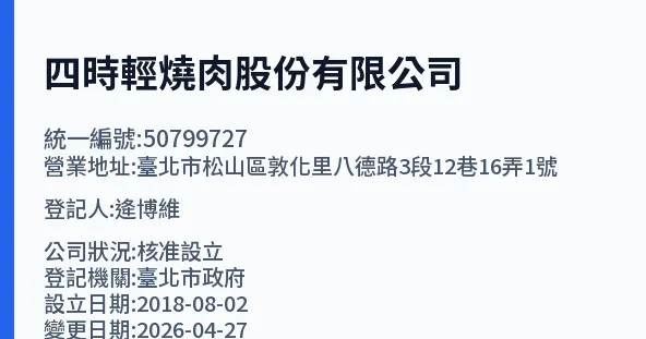 四時輕燒肉股份有限公司的照片-統編 50799727(臺北市) 公司登記資料與營業項目詳細圖表