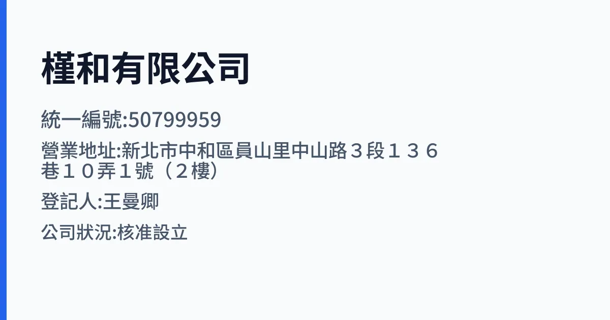 槿和有限公司 - 統編 50799959(新北市) 公司登記資料與營業項目詳細圖表