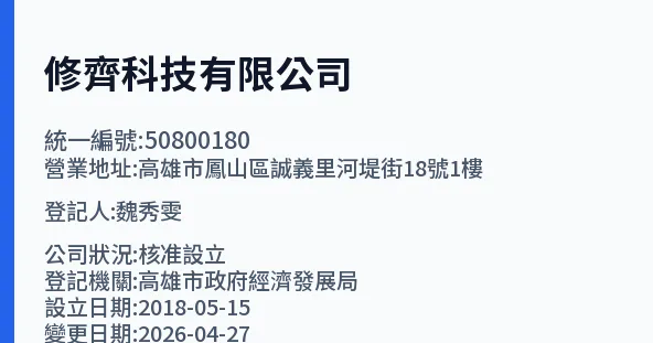 修齊科技有限公司的照片-統編 50800180(高雄市) 公司登記資料與營業項目詳細圖表