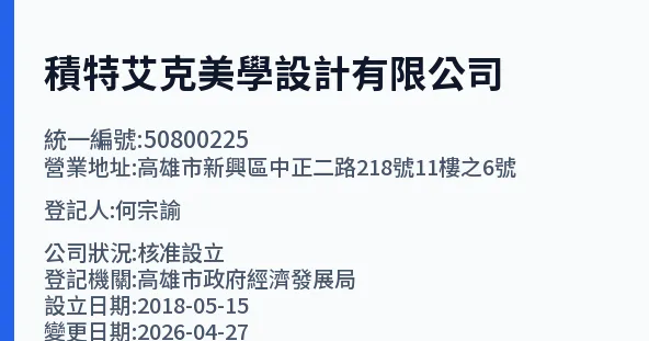 積特艾克美學設計有限公司的照片-統編 50800225(高雄市) 公司登記資料與營業項目詳細圖表