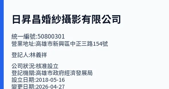 日昇昌婚紗攝影有限公司的照片-統編 50800301(高雄市) 公司登記資料與營業項目詳細圖表