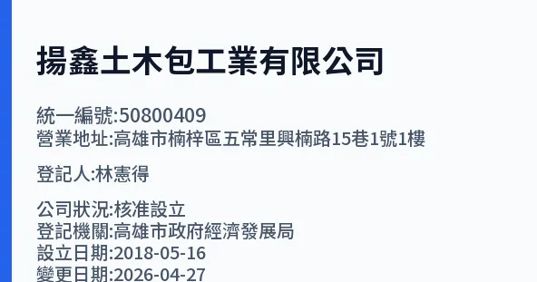 揚鑫土木包工業有限公司的照片-統編 50800409(高雄市) 公司登記資料與營業項目詳細圖表