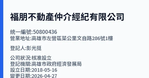 福朋不動產仲介經紀有限公司的照片-統編 50800436(高雄市) 公司登記資料與營業項目詳細圖表