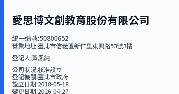 愛思博文創教育股份有限公司的照片-統編 50800652(臺北市) 公司登記資料與營業項目詳細圖表