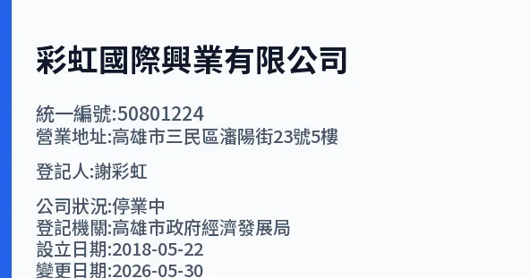 彩虹國際興業有限公司的照片-統編 50801224(高雄市) 公司登記資料與營業項目詳細圖表