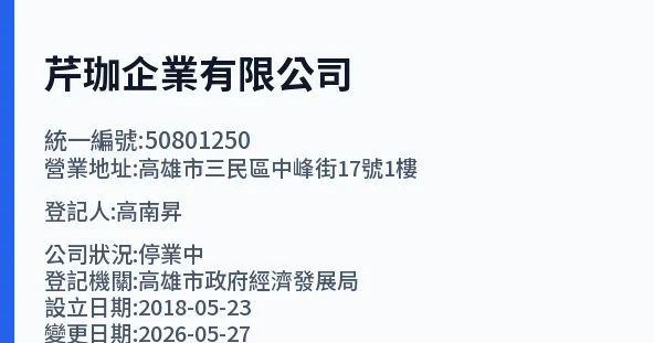 芹珈企業有限公司的照片-統編 50801250(高雄市) 公司登記資料與營業項目詳細圖表