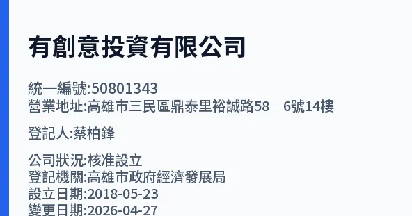 有創意投資有限公司的照片-統編 50801343(高雄市) 公司登記資料與營業項目詳細圖表