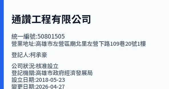 通讚工程有限公司的照片-統編 50801505(高雄市) 公司登記資料與營業項目詳細圖表