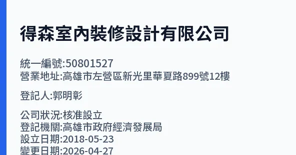 得森室內裝修設計有限公司的照片-統編 50801527(高雄市) 公司登記資料與營業項目詳細圖表