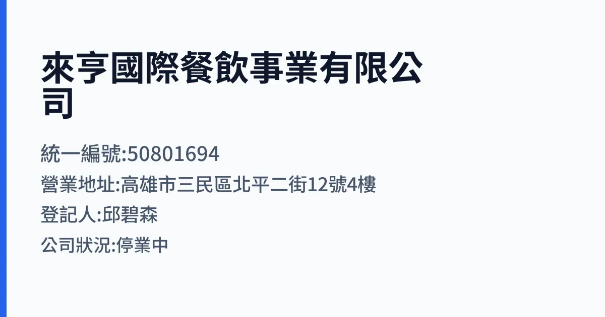 來亨國際餐飲事業有限公司 - 統編 50801694(高雄市) 公司登記資料與營業項目詳細圖表