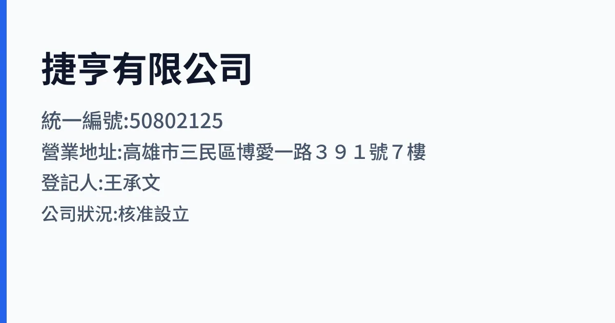 捷亨有限公司 - 統編 50802125(高雄市) 公司登記資料與營業項目詳細圖表