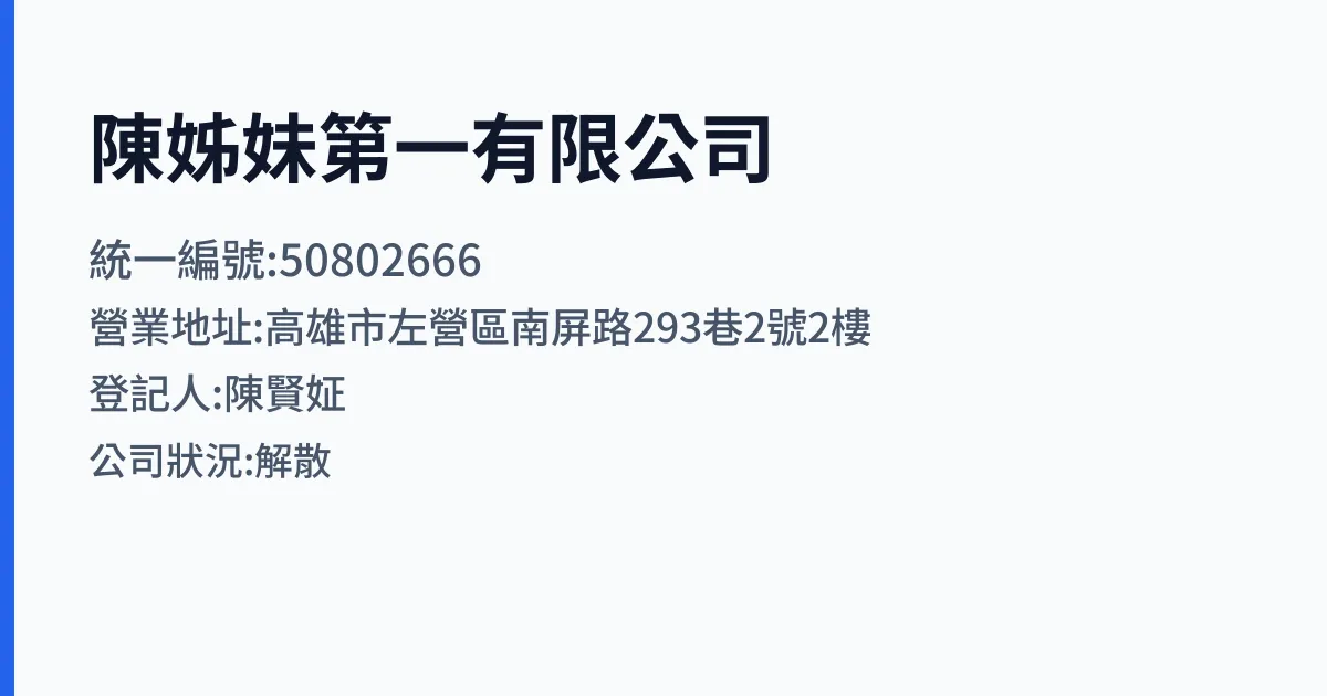 陳姊妹第一有限公司 - 統編 50802666(高雄市) 公司登記資料與營業項目詳細圖表