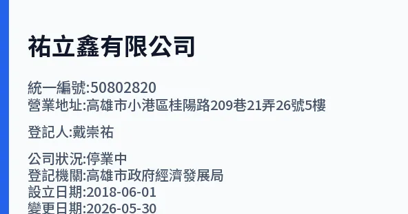 祐立鑫有限公司的照片-統編 50802820(高雄市) 公司登記資料與營業項目詳細圖表