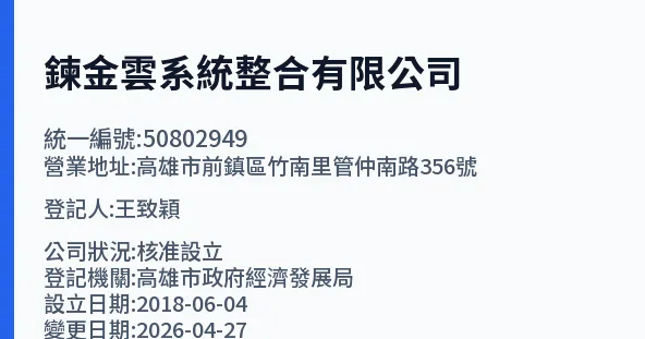 鍊金雲系統整合有限公司的照片-統編 50802949(高雄市) 公司登記資料與營業項目詳細圖表