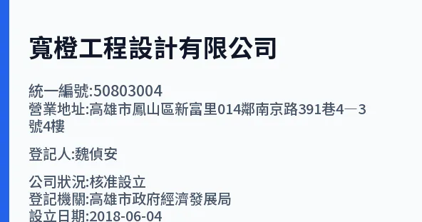 寬橙工程設計有限公司的照片-統編 50803004(高雄市) 公司登記資料與營業項目詳細圖表