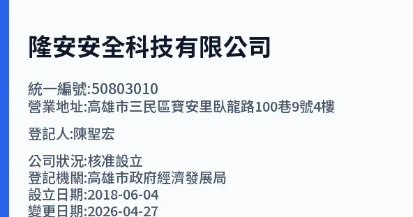 隆安安全科技有限公司的照片-統編 50803010(高雄市) 公司登記資料與營業項目詳細圖表