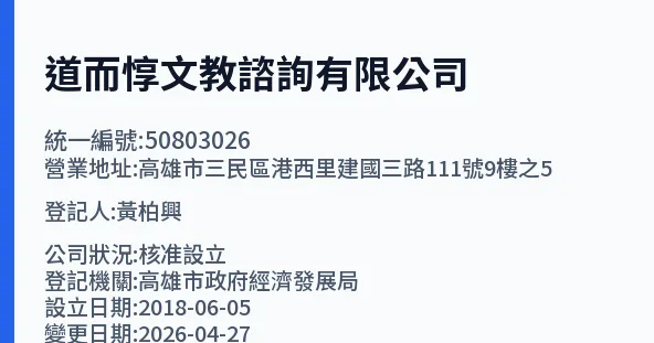 道而惇文教諮詢有限公司的照片-統編 50803026(高雄市) 公司登記資料與營業項目詳細圖表