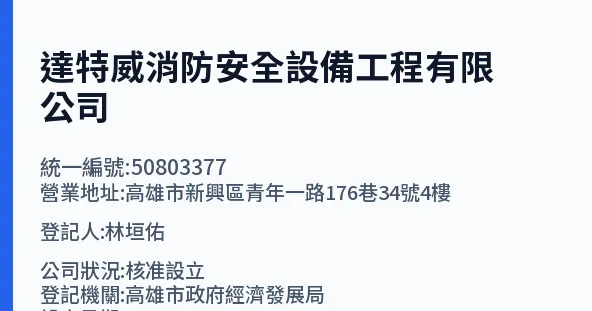 達特威消防安全設備工程有限公司的照片-統編 50803377(高雄市) 公司登記資料與營業項目詳細圖表
