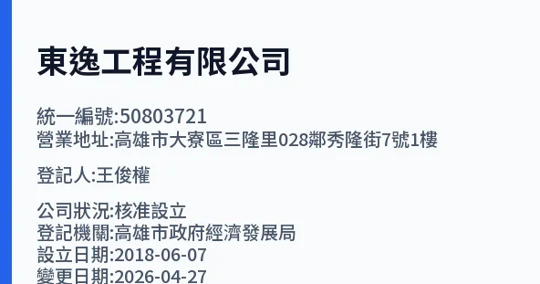 東逸工程有限公司的照片-統編 50803721(高雄市) 公司登記資料與營業項目詳細圖表
