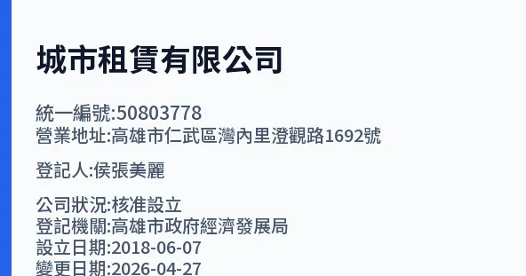 城市租賃有限公司的照片-統編 50803778(高雄市) 公司登記資料與營業項目詳細圖表
