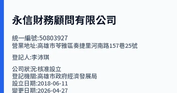 永信財務顧問有限公司的照片-統編 50803927(高雄市) 公司登記資料與營業項目詳細圖表