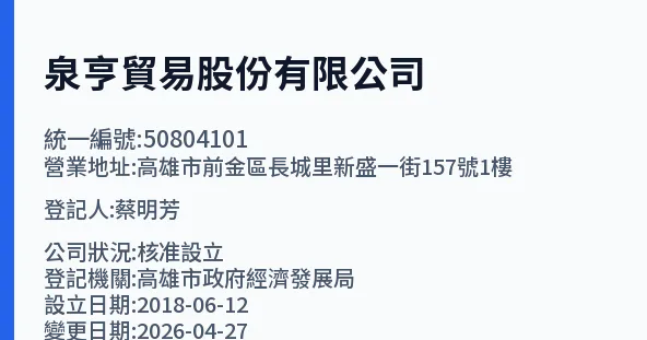 泉亨貿易股份有限公司的照片-統編 50804101(高雄市) 公司登記資料與營業項目詳細圖表