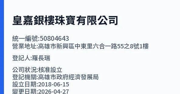 皇嘉銀樓珠寶有限公司的照片-統編 50804643(高雄市) 公司登記資料與營業項目詳細圖表
