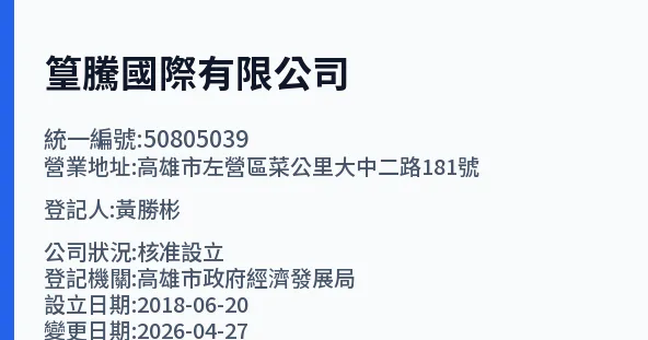 篁騰國際有限公司的照片-統編 50805039(高雄市) 公司登記資料與營業項目詳細圖表