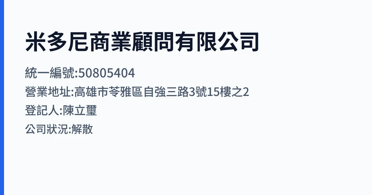 米多尼商業顧問有限公司 - 統編 50805404(高雄市) 公司登記資料與營業項目詳細圖表