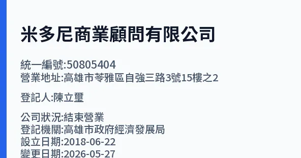 米多尼商業顧問有限公司的照片-統編 50805404(高雄市) 公司登記資料與營業項目詳細圖表