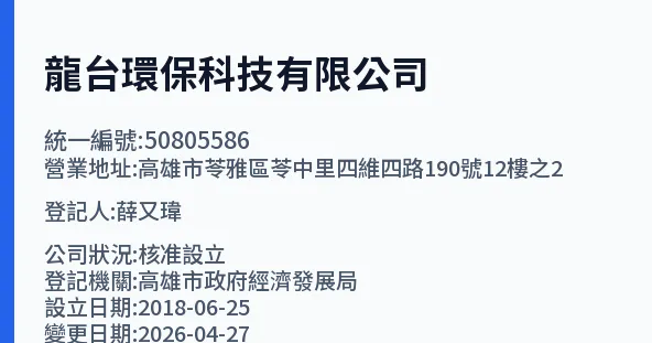 龍台環保科技有限公司的照片-統編 50805586(高雄市) 公司登記資料與營業項目詳細圖表