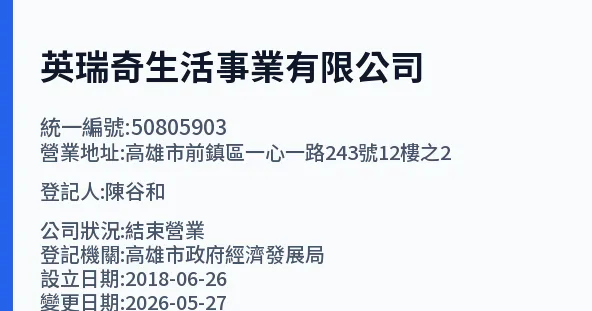 英瑞奇生活事業有限公司的照片-統編 50805903(高雄市) 公司登記資料與營業項目詳細圖表