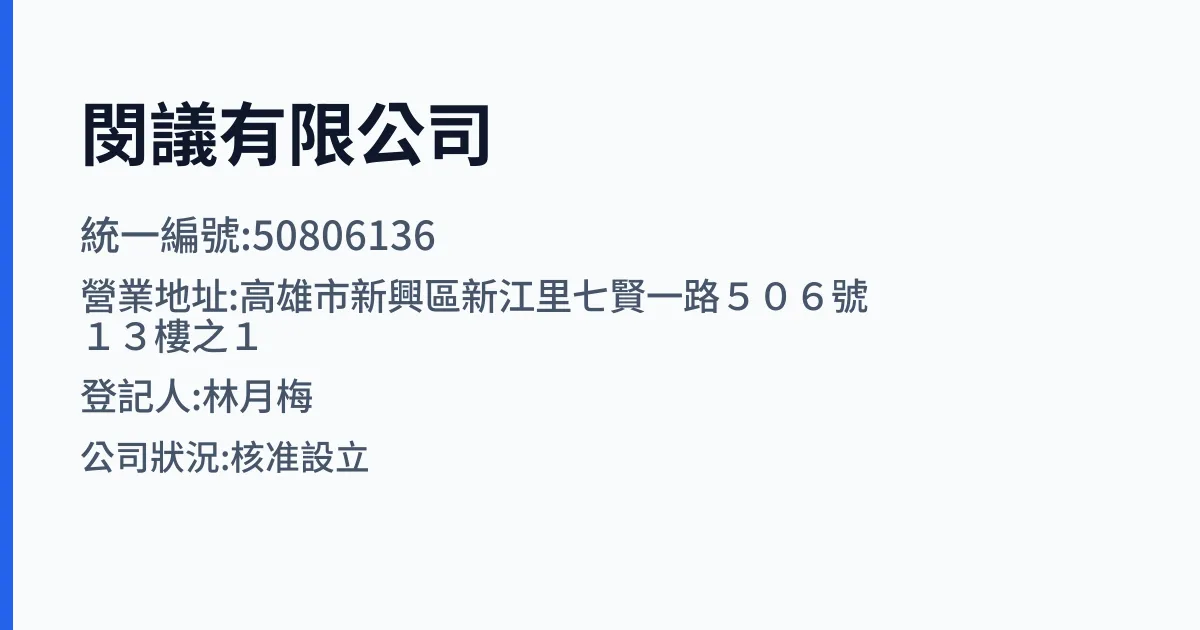 閔議有限公司 - 統編 50806136(高雄市) 公司登記資料與營業項目詳細圖表