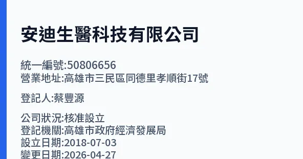 安迪生醫科技有限公司的照片-統編 50806656(高雄市) 公司登記資料與營業項目詳細圖表