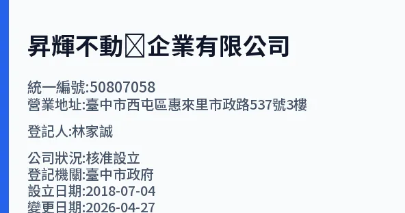 昇輝不動産企業有限公司的照片-統編 50807058(臺中市) 公司登記資料與營業項目詳細圖表